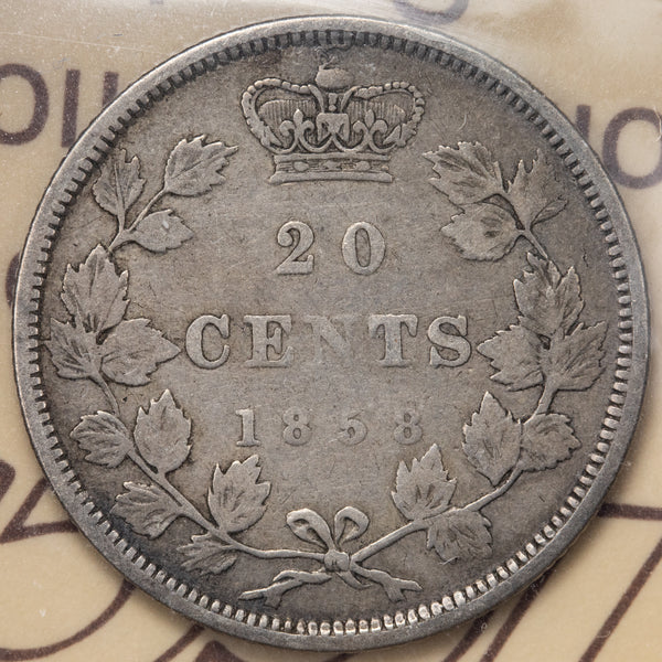 SOLD Canada 1858 Coinage Axis 20 Cents Silver Coin - ICCS F-12 - The Toronto Coin Shop