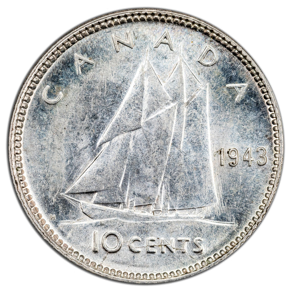 Canada 1943 10 Cents Dime Silver Coin - AU-58 - The Toronto Coin Shop