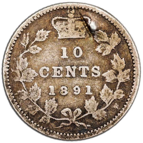 Canada 1891 22 Leaves 10 Cents Dime Silver Coin - Damage - The Toronto Coin Shop