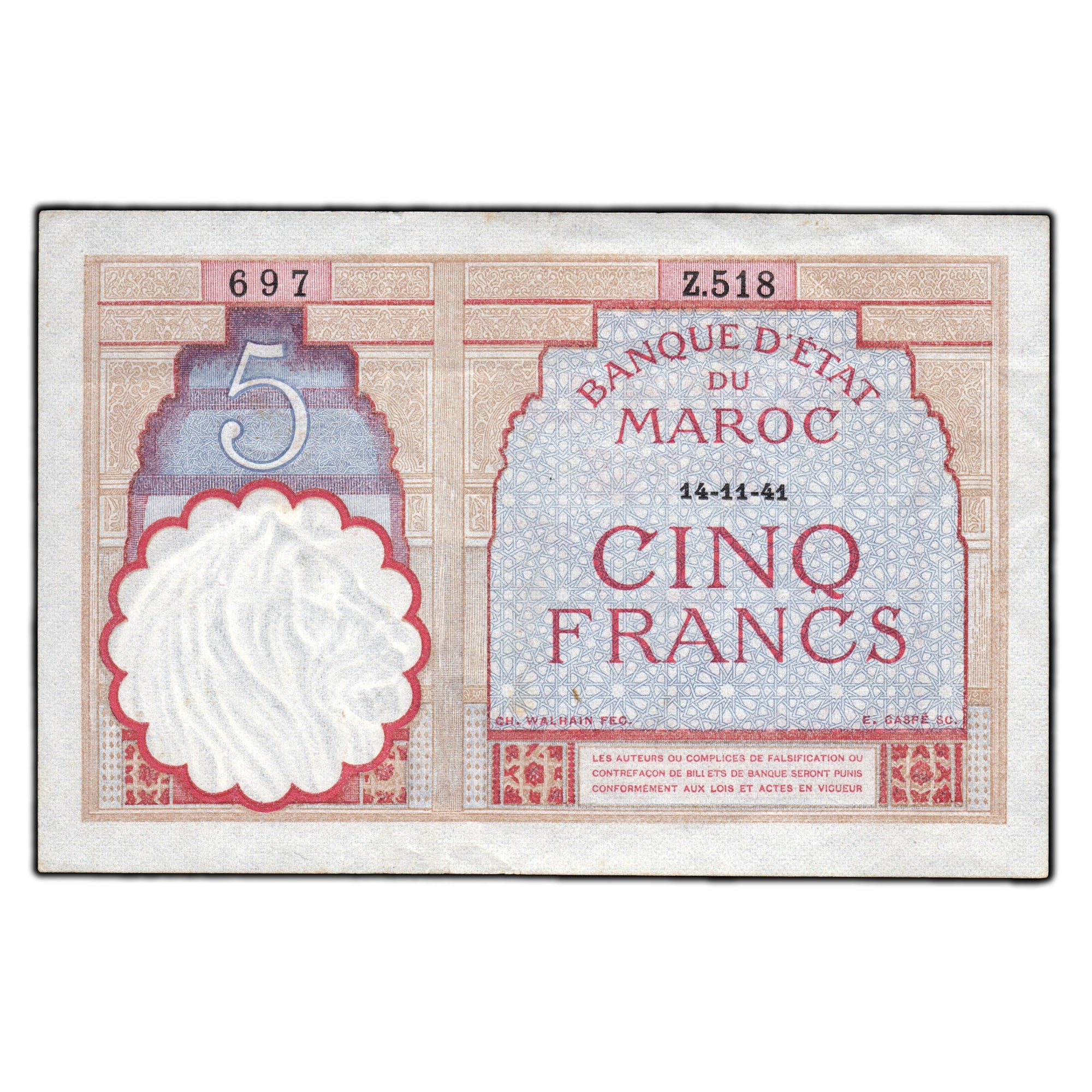SOLD Marocco 1941 5 Francs Note - The Toronto Coin Shop