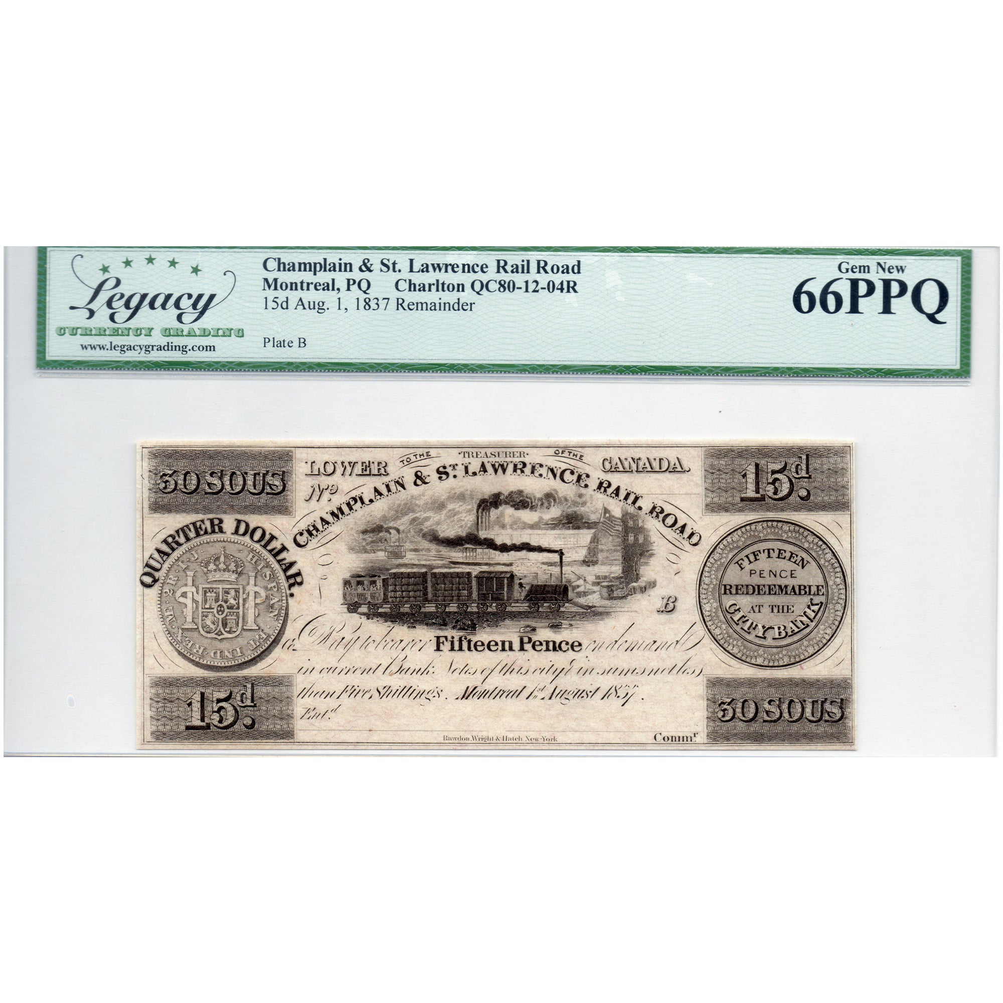 SOLD 15 Pence / 30 Sous 1837 Champlain St Lawrence Rail Road Note - LC ...