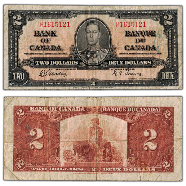 $2 1937 Bank of Canada Note Gordon-Towers U/B Prefix BC-22b - Writing ...