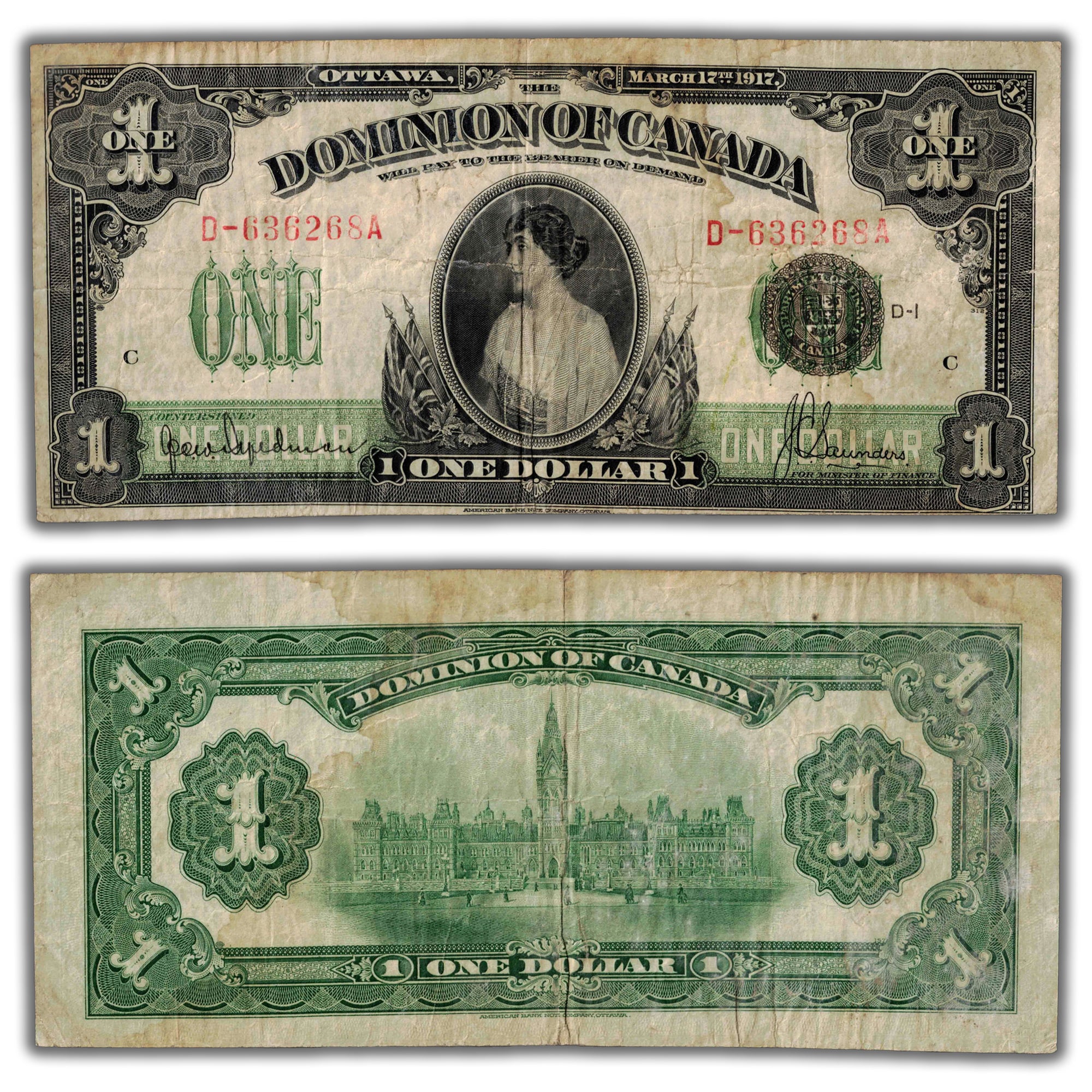 SOLD $1 1917 Dominion of Canada Note Seal Over One Series D DC-23c - S ...