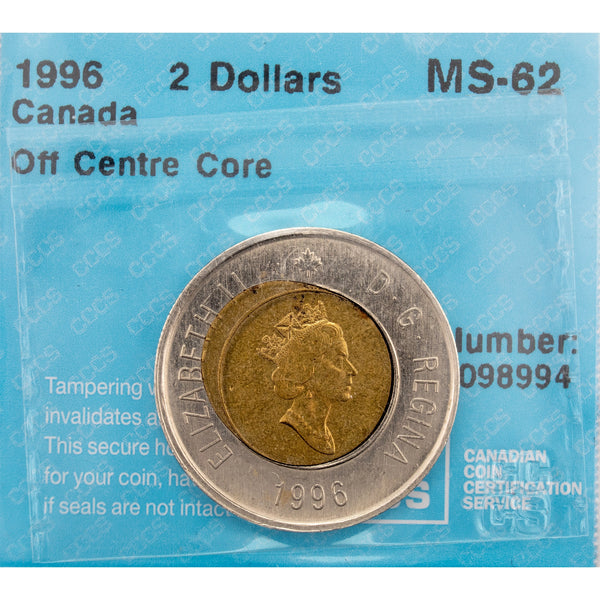 SOLD Canada 1996 $2 Two Dollars Toonie Error Coin - CCCS MS-62 Off Cen ...