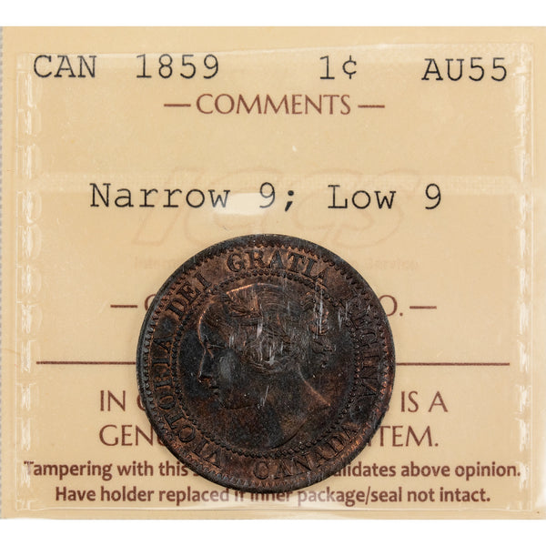 SOLD Canada 1859 Narrow/Low 9 One Large Cent Coin - ICCS AU-55 - The ...