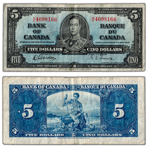 $5 1937 Bank of Canada Note Gordon-Towers M/C Prefix BC-23b - VF (mino ...
