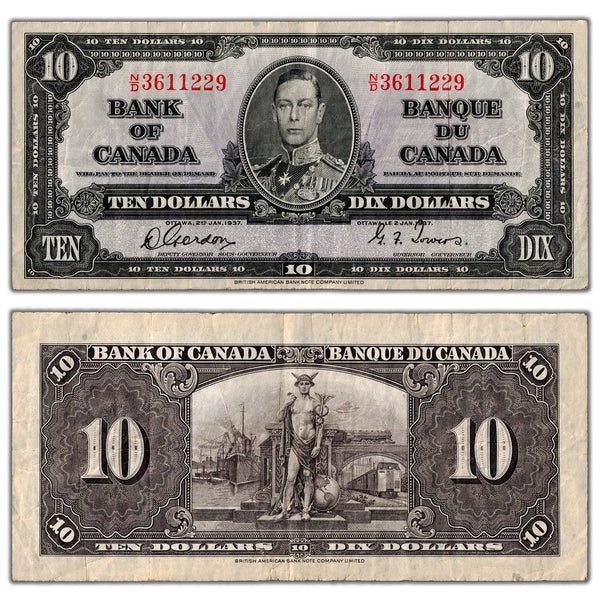 $10 1937 Bank of Canada Note Gordon-Towers N/D Prefix BC-24b - VF - The ...