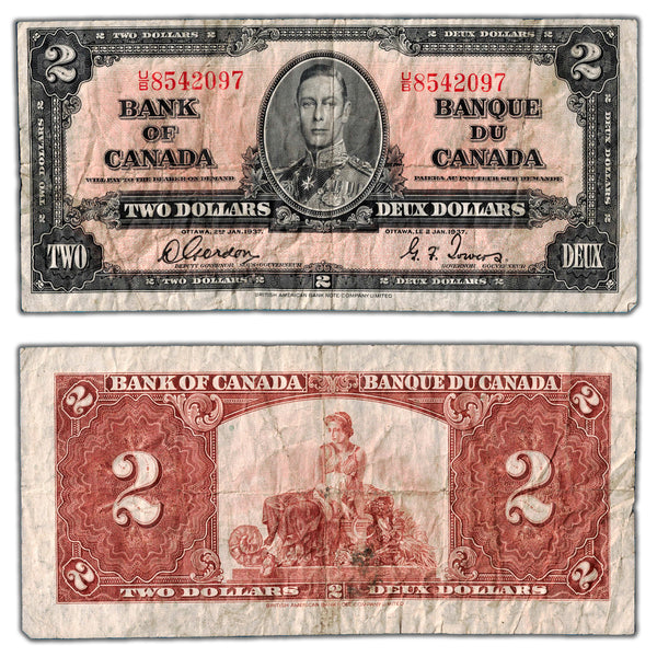 $2 1937 Bank of Canada Note Gordon-Towers U/B Prefix BC-22b - Circulat ...