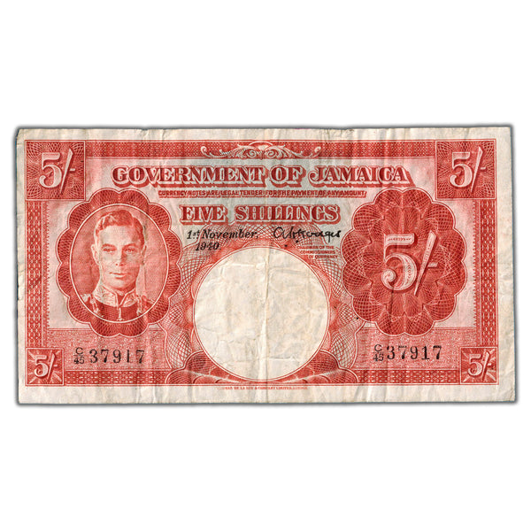 Jamaica 1940 5 Five Shillings Note P #37a - Circulated - The Toronto ...
