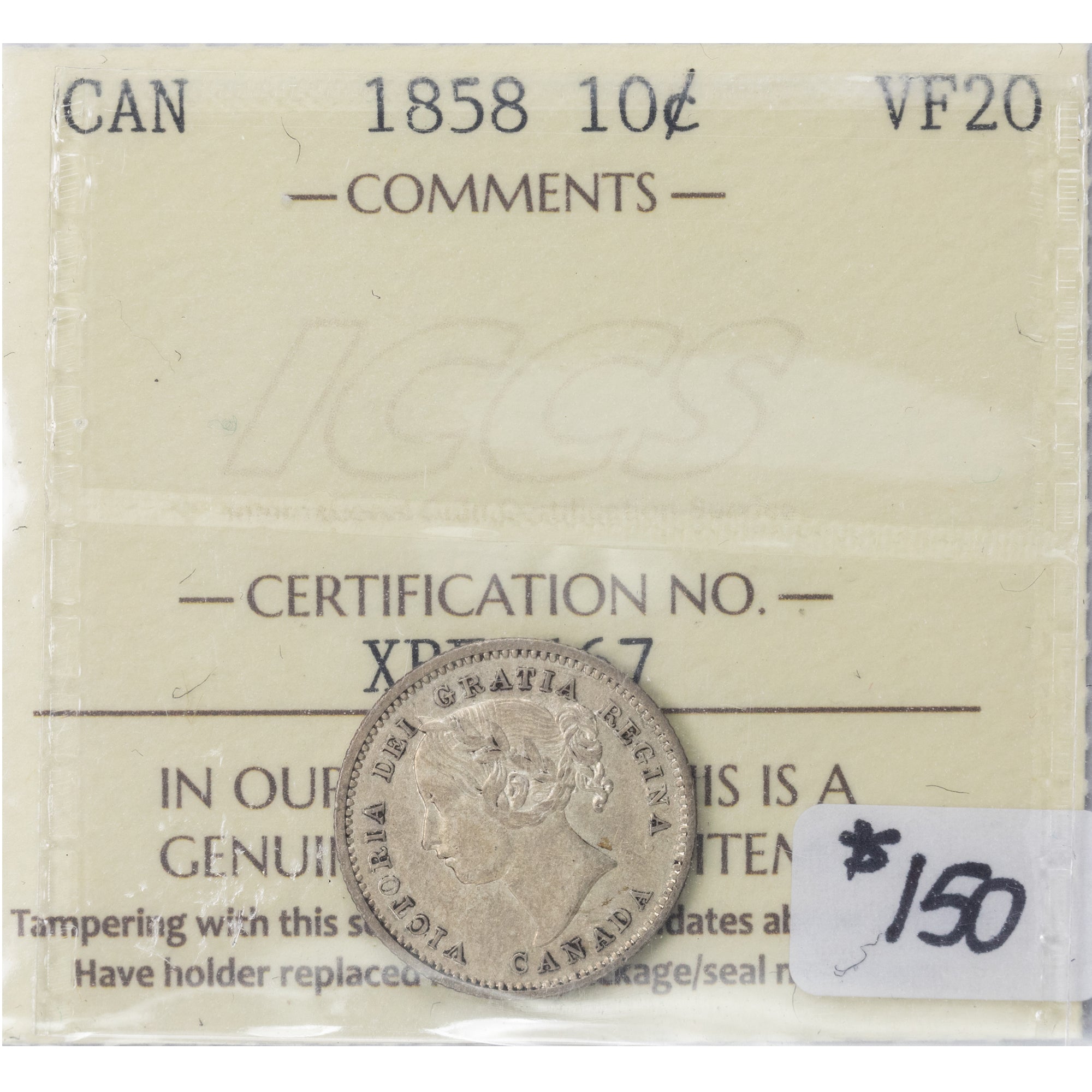 SOLD Canada 1858 10 Cents Dime Silver Coin - ICCS VF-20 - The Toronto Coin Shop