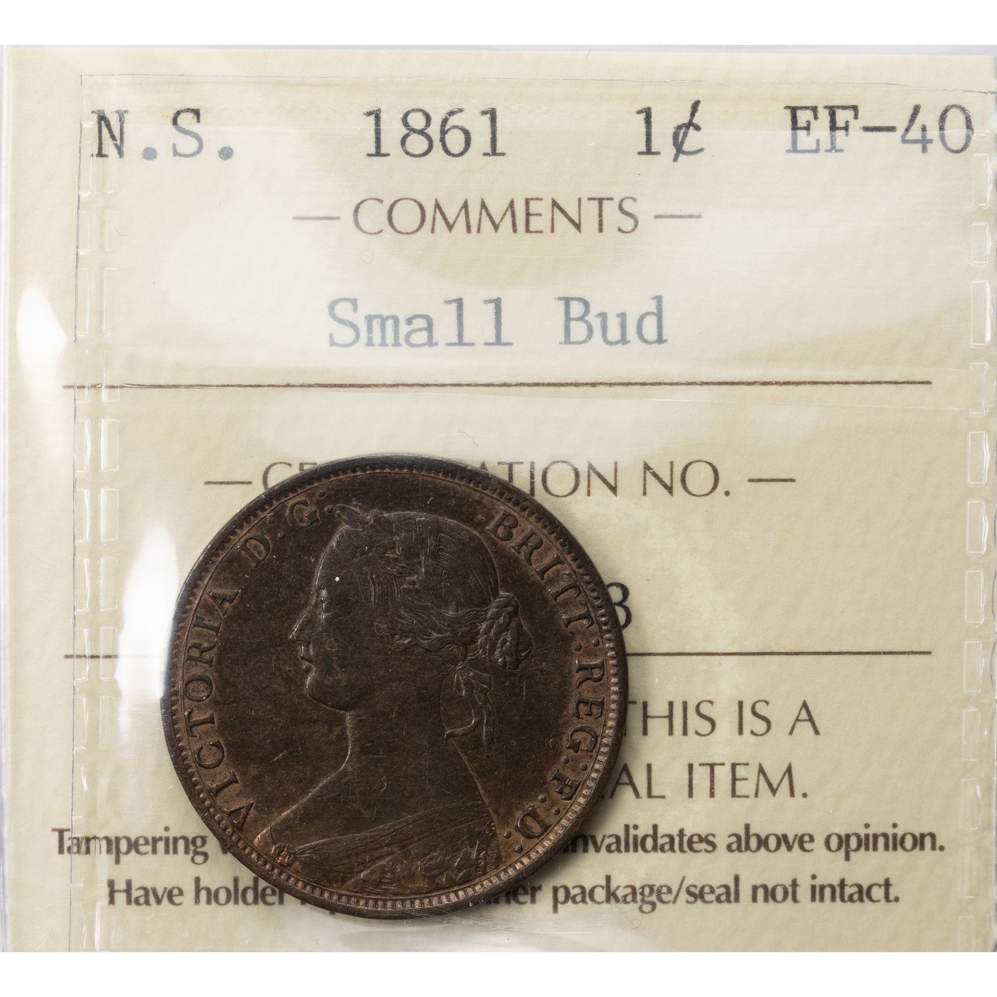 SOLD Nova Scotia 1861 Small Bud 1 Cent Coin - ICCS EF-40 - The Toronto Coin Shop