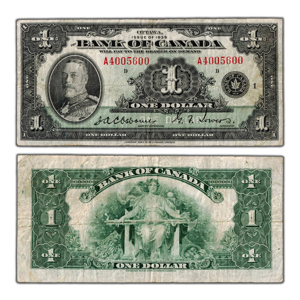 $1 1935 Bank of Canada Note English Text Letter 'A' BC-1 - Fine+ (mino ...