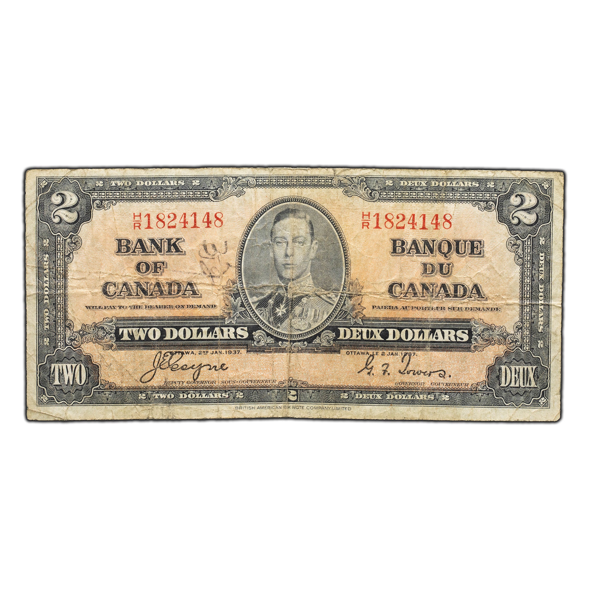 SOLD $2 1937 Bank of Canada Note Coyne-Towers H/R Prefix BC-22c - Writ ...