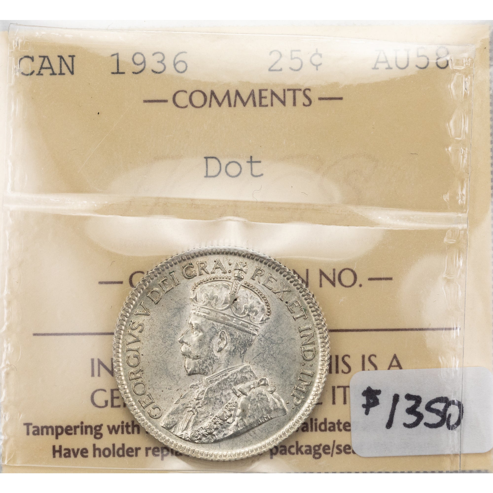 SOLD Canada 1936 Dot 25 Cents Quarter Silver Coin - ICCS AU-58 - The ...