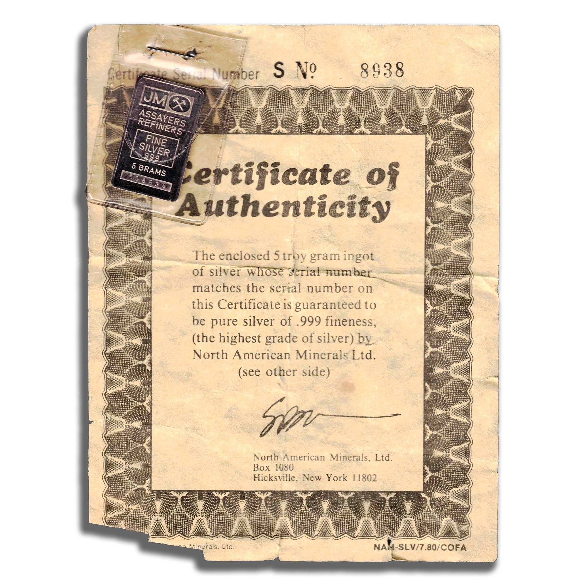 SOLD Johnson Matthey JM 5 Gram .999 Fine Silver Bar with COA From Nort - The Toronto Coin Shop