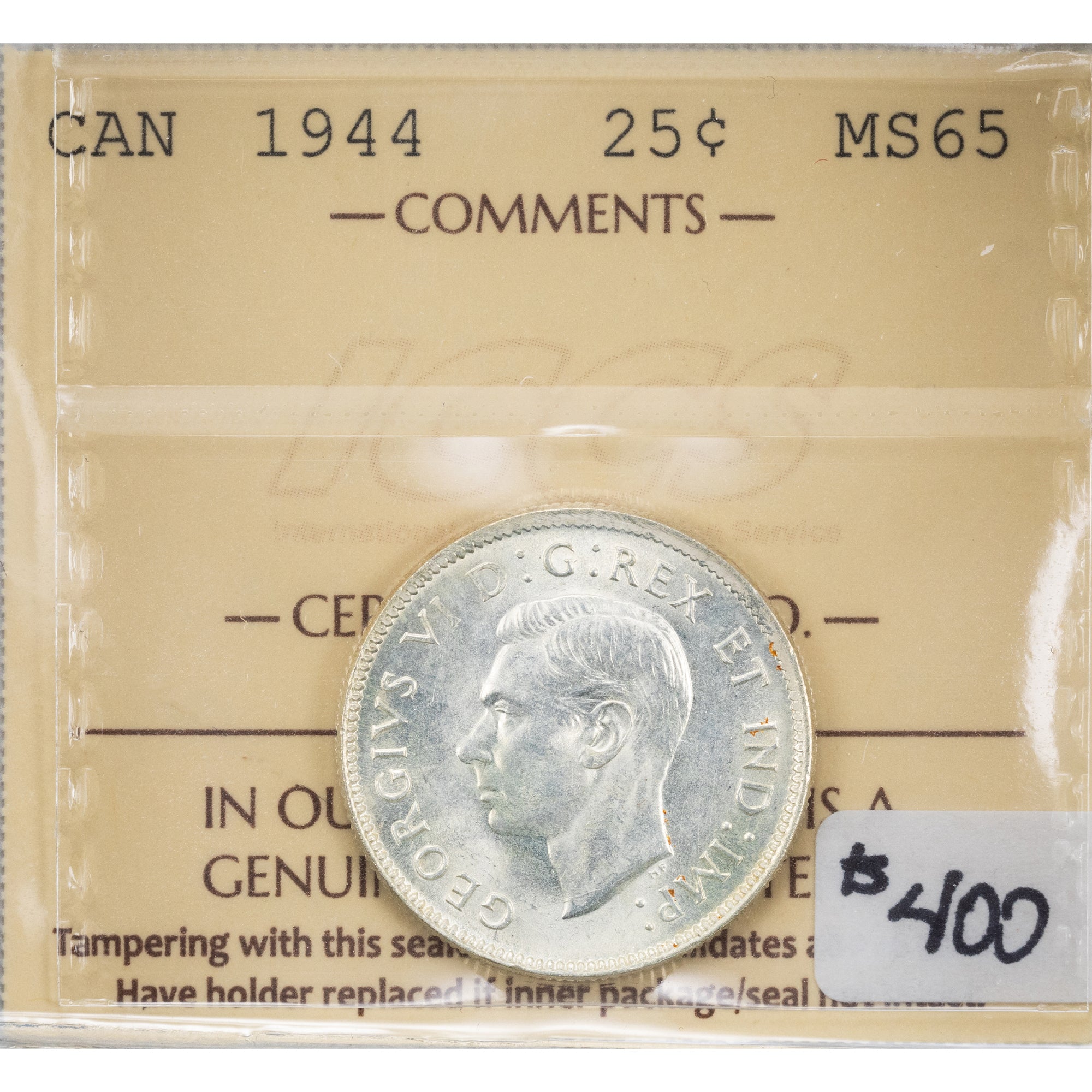 SOLD Canada 1944 25 Cents Quarter Silver Coin - ICCS MS-65 - The ...