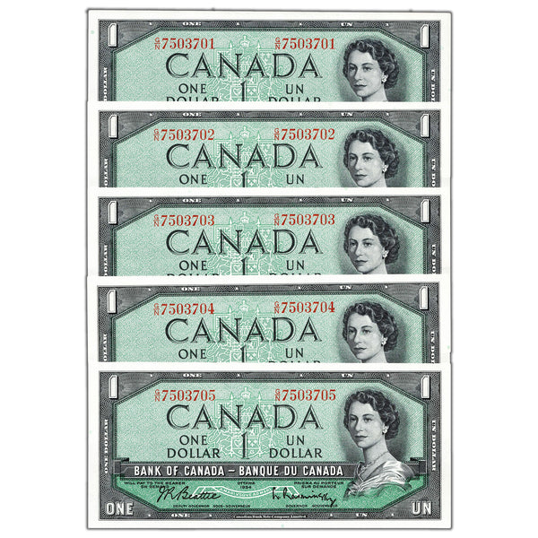 SOLD $1 1954 Bank of Canada Notes G/N Prefix BC-37b - 5 Consecutive Un ...