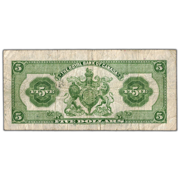 $5 1935 Royal Bank of Canada Chartered Note #630-18-02 - Writing on Ba ...