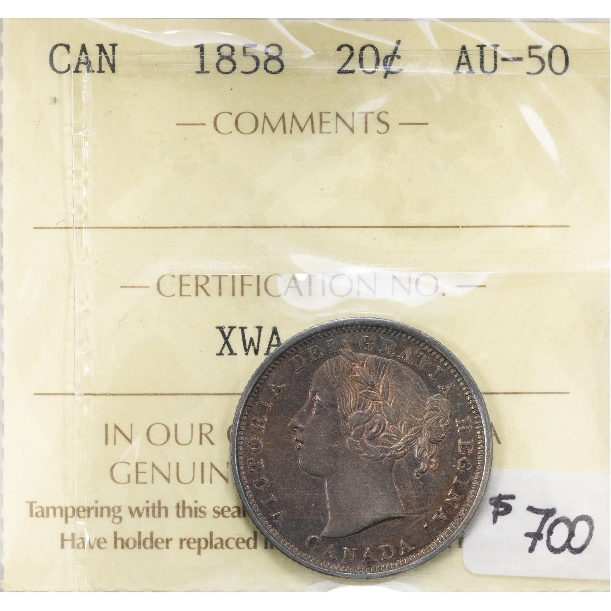 SOLD Canada 1858 20 Cents Silver Coin - One Year Type - ICCS AU-50 - The Toronto Coin Shop