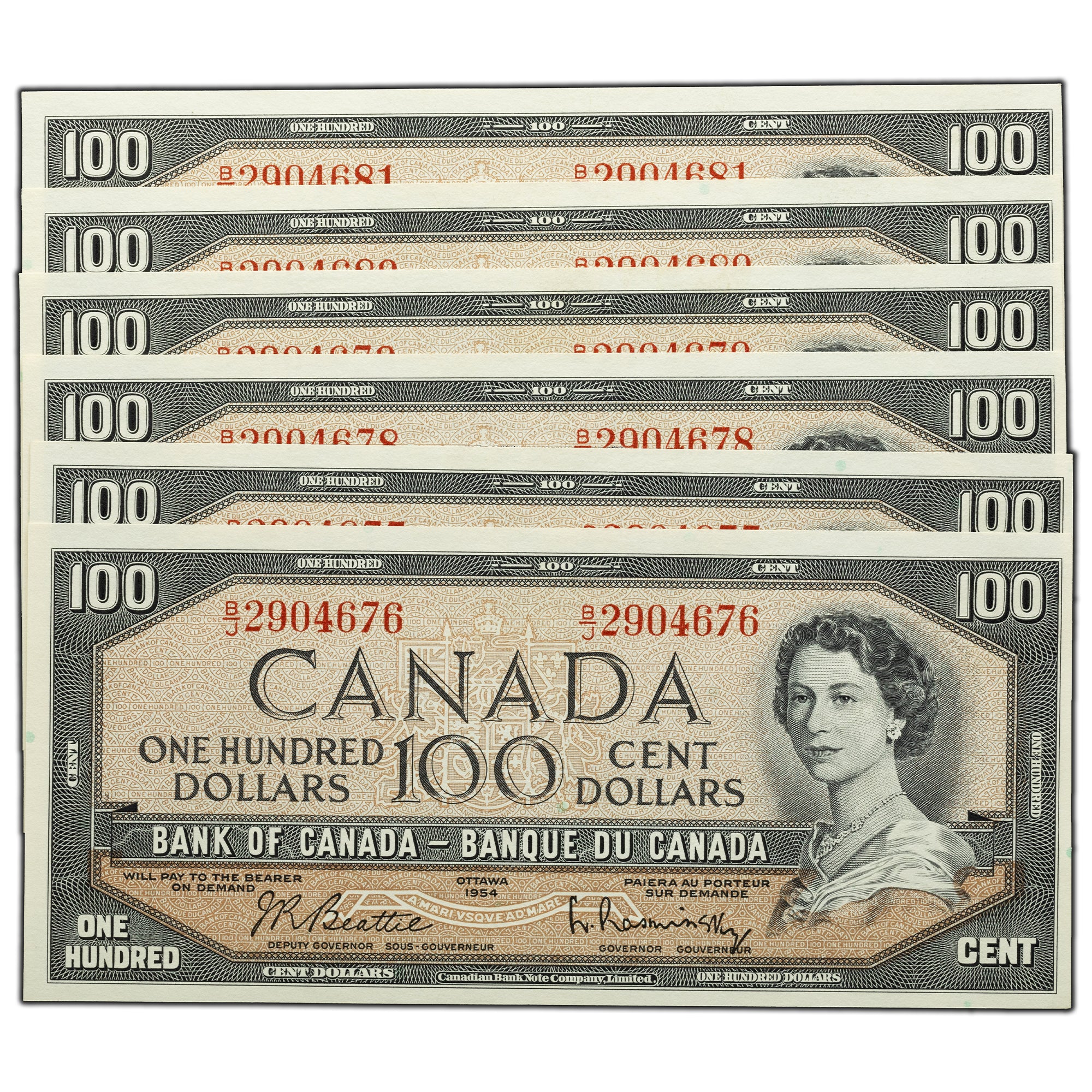 SOLD $100 1954 Bank of Canada Notes B/J Prefix BC-43b - 6 Consecutive ...