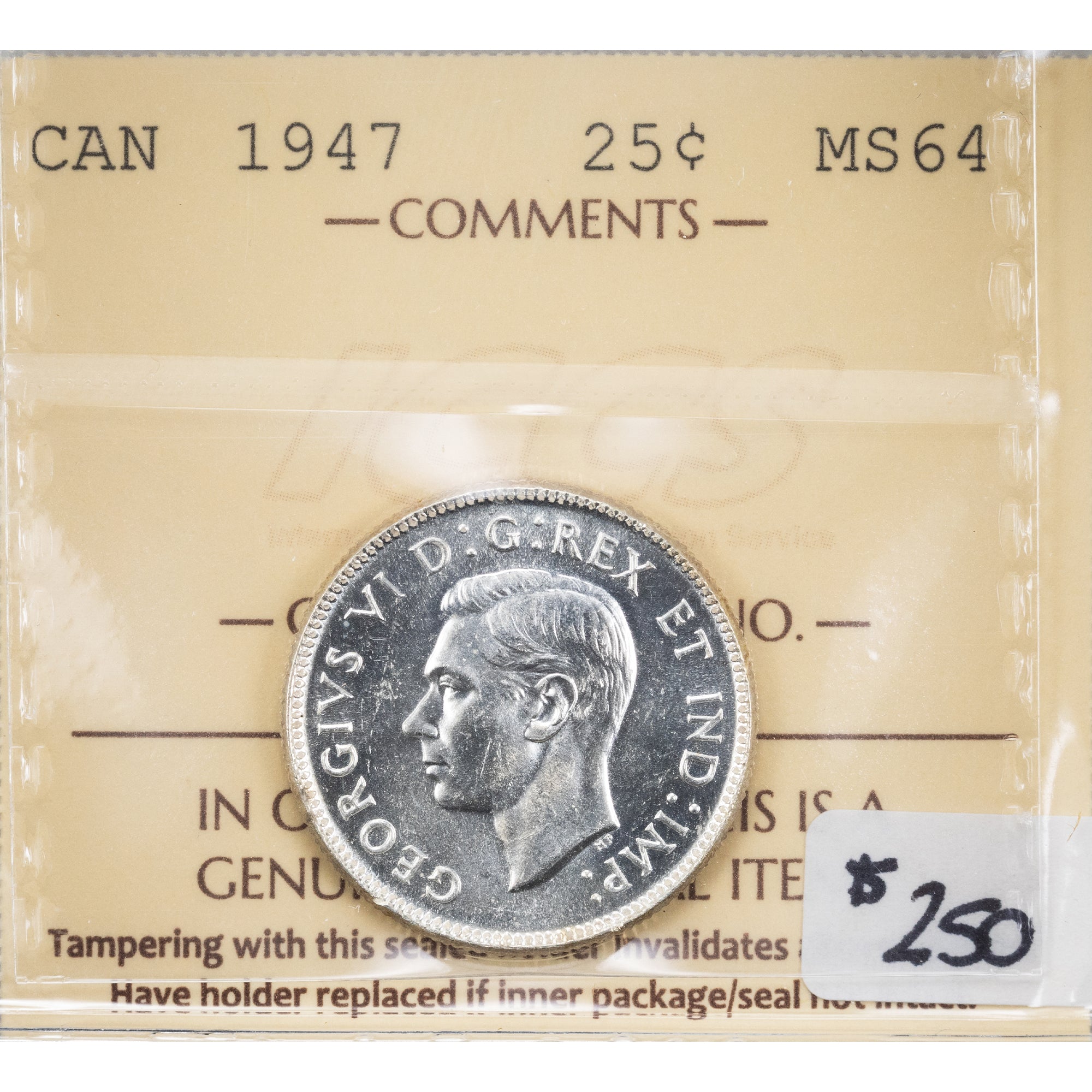 SOLD Canada 1947 25 Cents Quarter Silver Coin - ICCS MS-64 - The Toronto Coin Shop