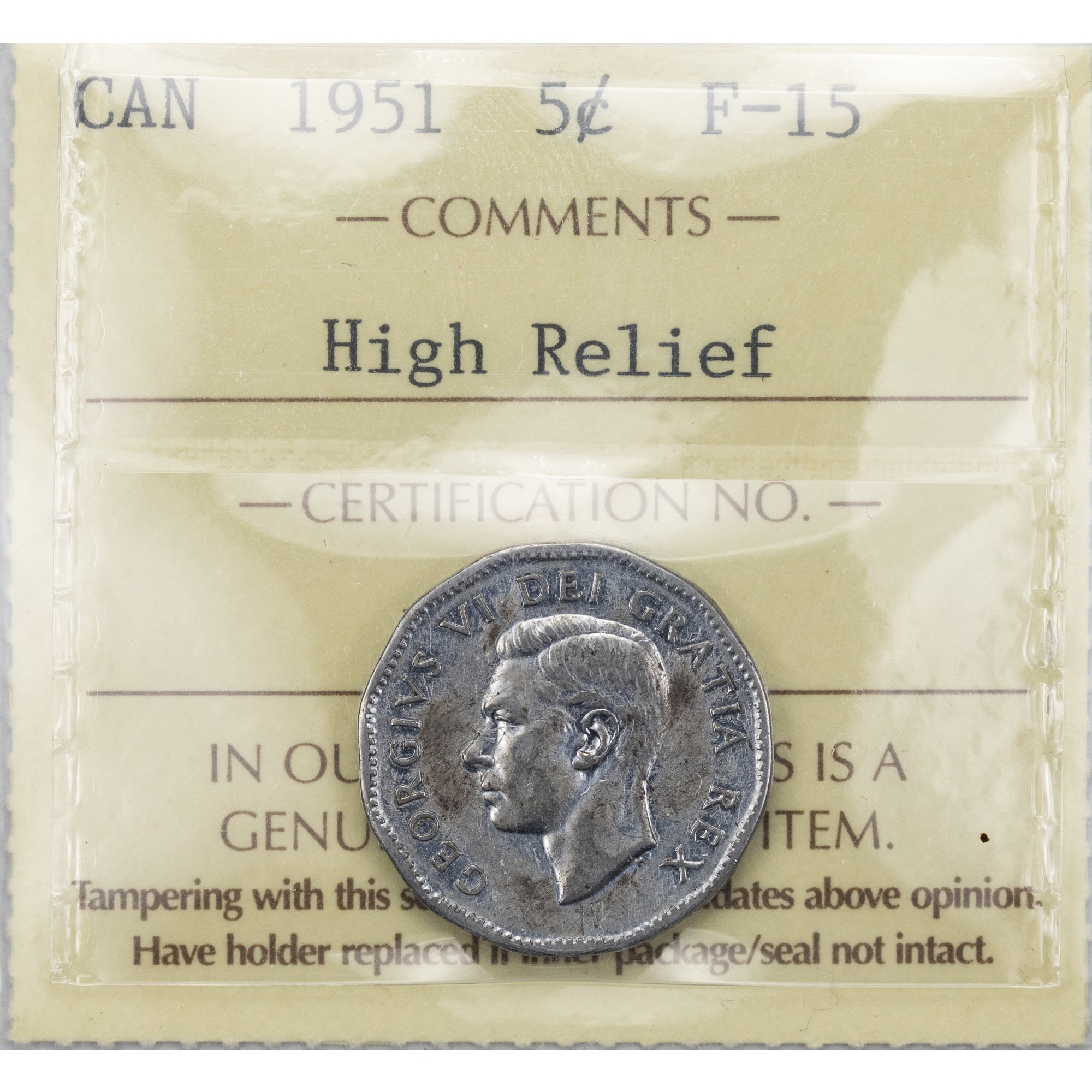 SOLD Canada 1951 High Relief 5 Cents Nickel Coin - ICCS F-15 - The ...