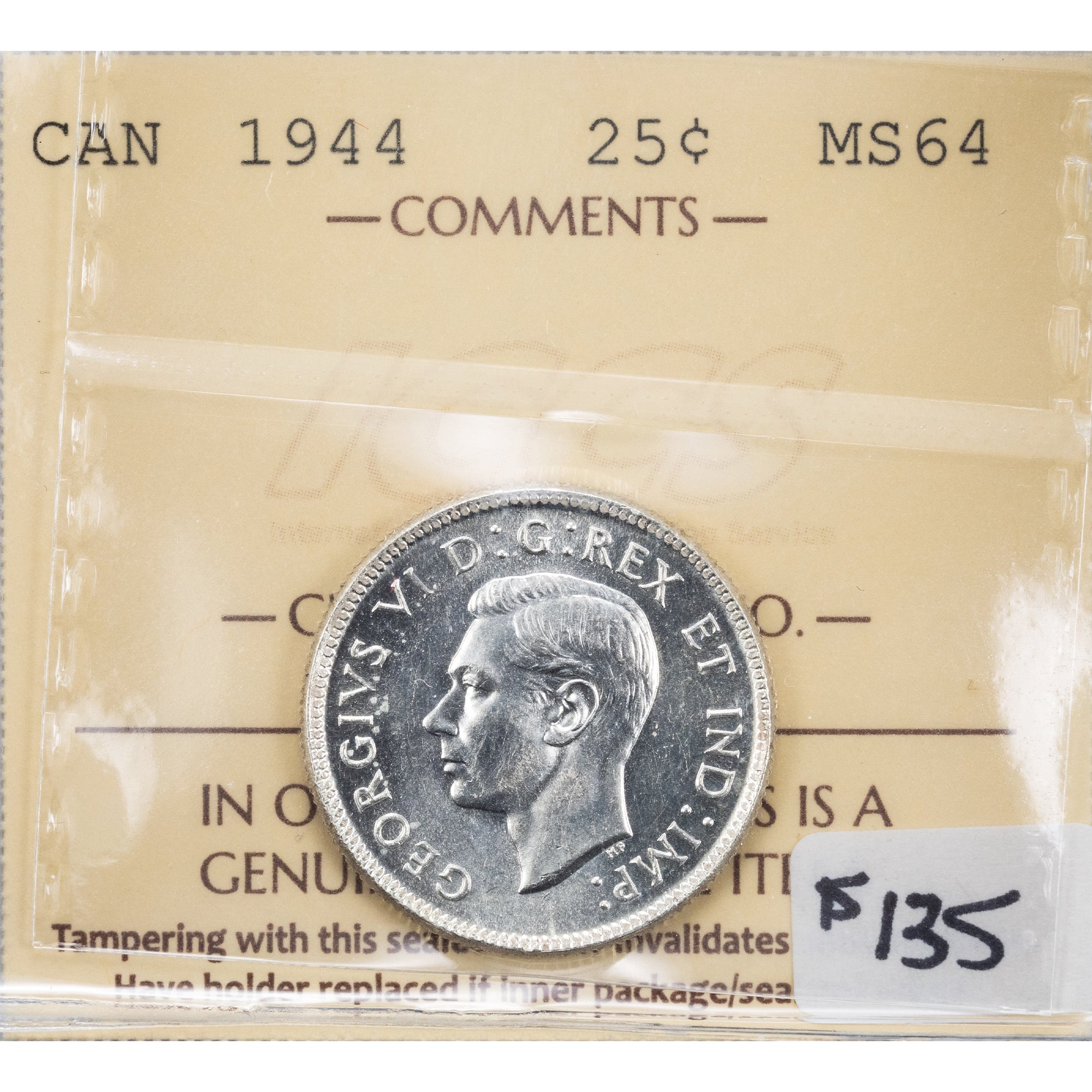 SOLD Canada 1944 25 Cents Quarter Silver Coin - ICCS MS-64 - The ...
