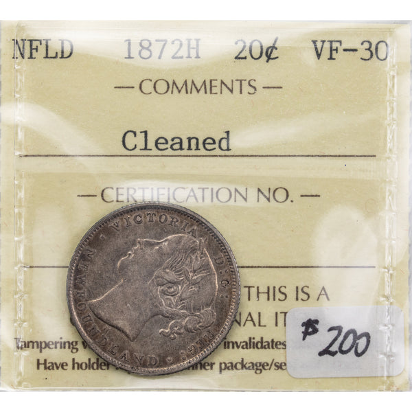 Newfoundland 1872-H 20 Cents Silver Coin - ICCS VF-30 (cleaned) - The Toronto Coin Shop
