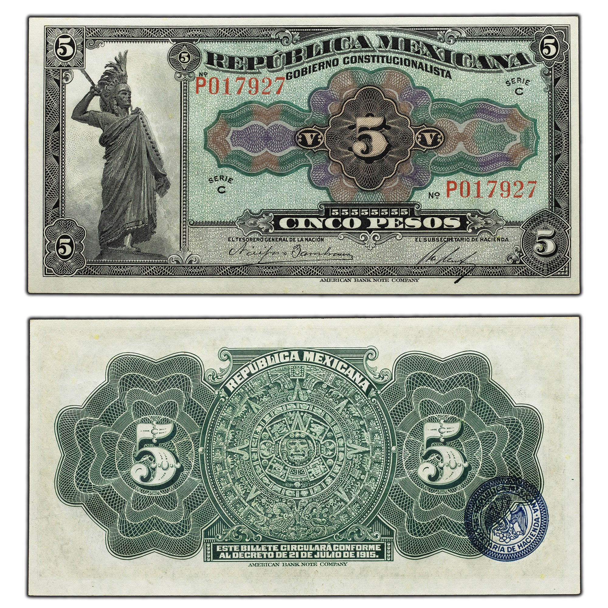 SOLD Mexico Republica Mexicana ND (1915) 5 Five Pesos Note - AU/UNC ...