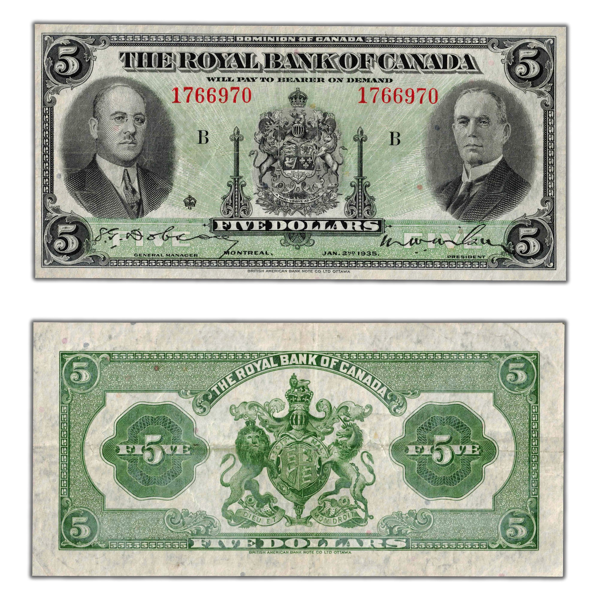 $5 1935 The Royal Bank of Canada Chartered Note CH #630-18-02a - VF+ ...