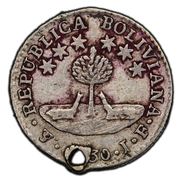 SOLD Bolivia 1830 1/2 Half Sol Silver Coin - Holed - The Toronto Coin Shop