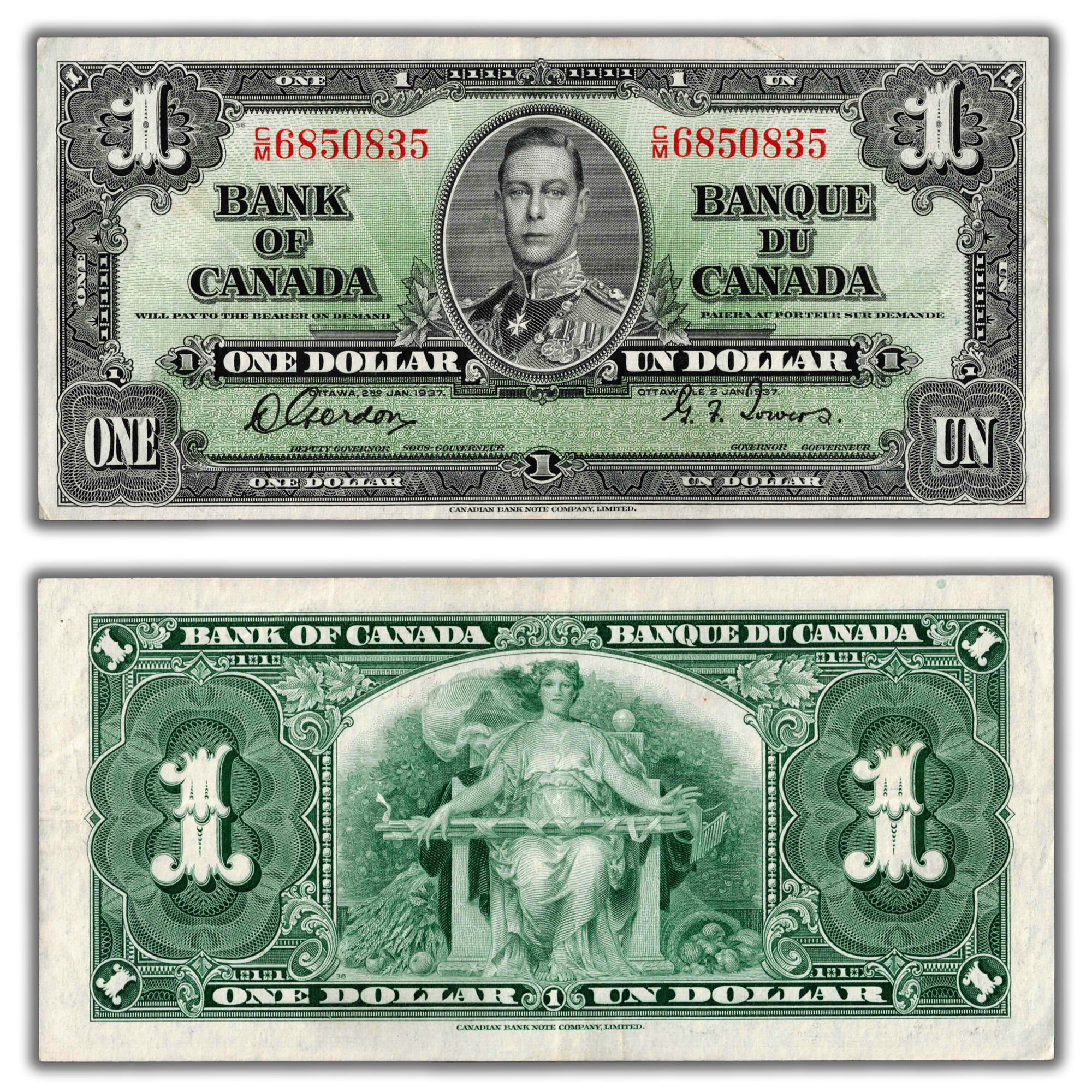 $1 1937 Bank of Canada Note Gordon-Towers C/M Prefix BC-21c - EF - The ...