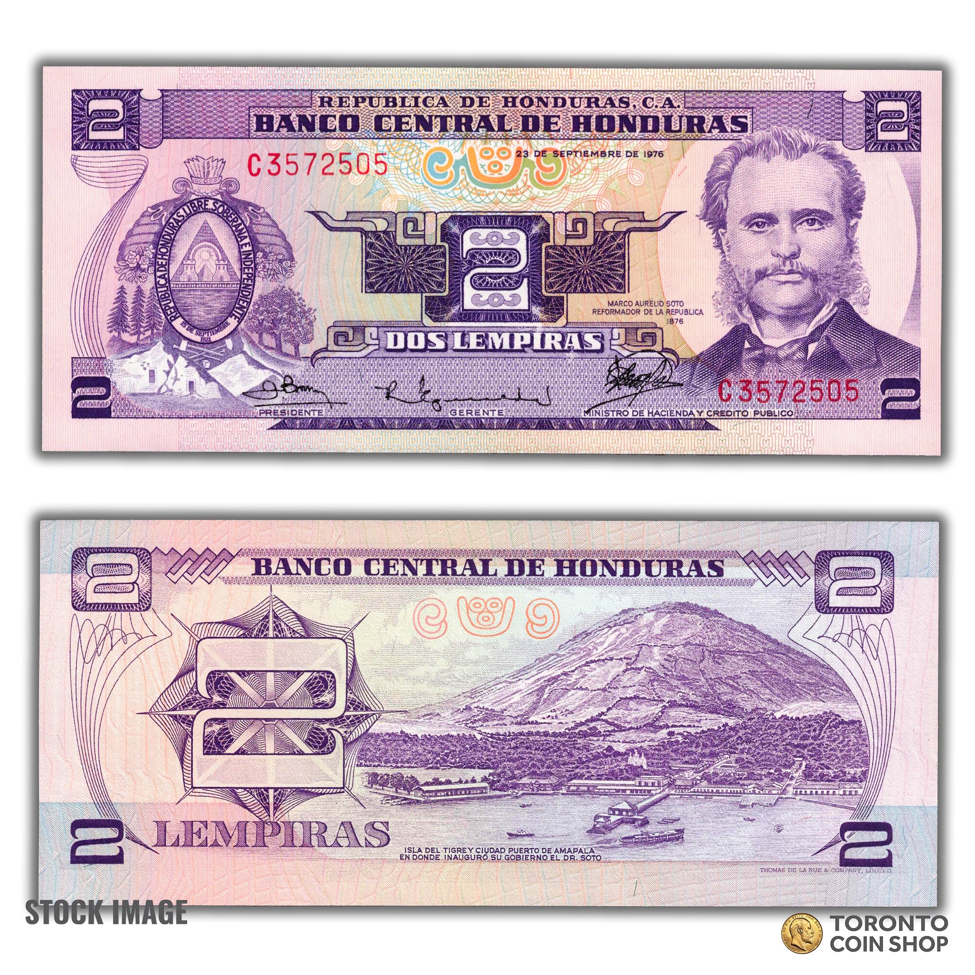 Honduras 1976 2 Lempiras Note P #61 - Choice Uncirculated From Origina ...