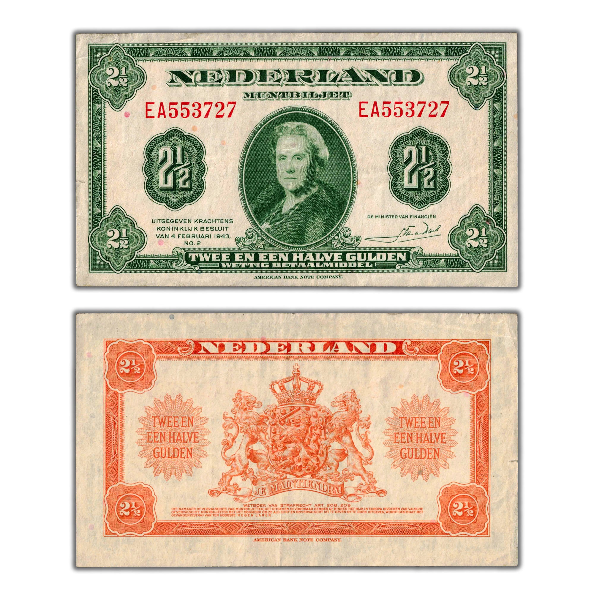 SOLD Netherlands 1943 2 1/2 Gulden Note P #65 - The Toronto Coin Shop