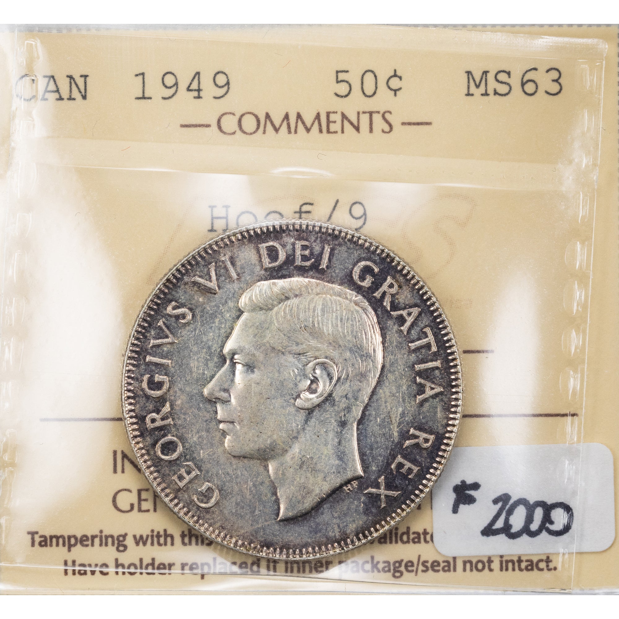 SOLD Canada 1949 Hoof/9 50 Cents Half Dollar Silver Coin - ICCS MS-63 - The Toronto Coin Shop