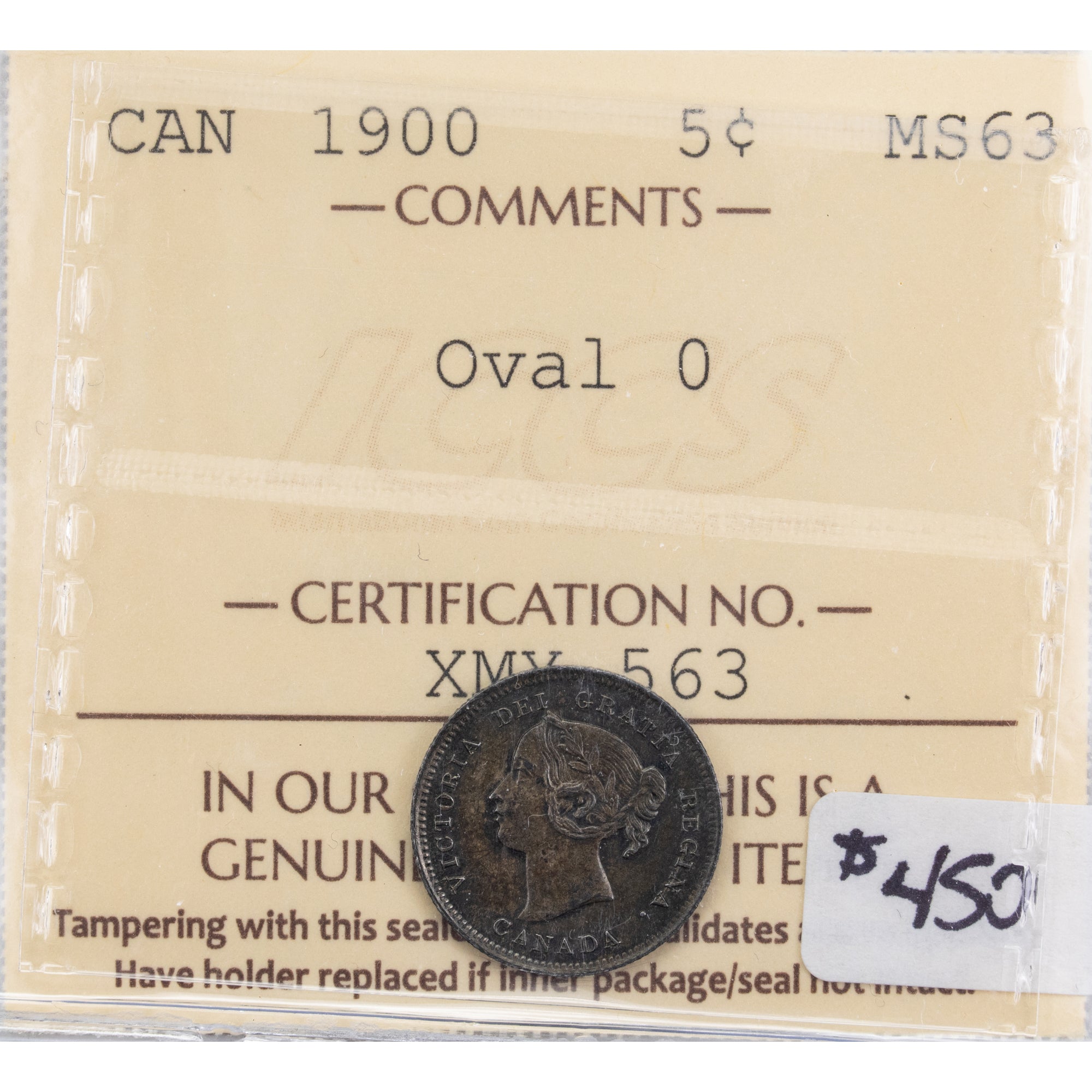 SOLD Canada 1900 Oval '0' 5 Cents Silver Coin - ICCS MS-63 - The ...
