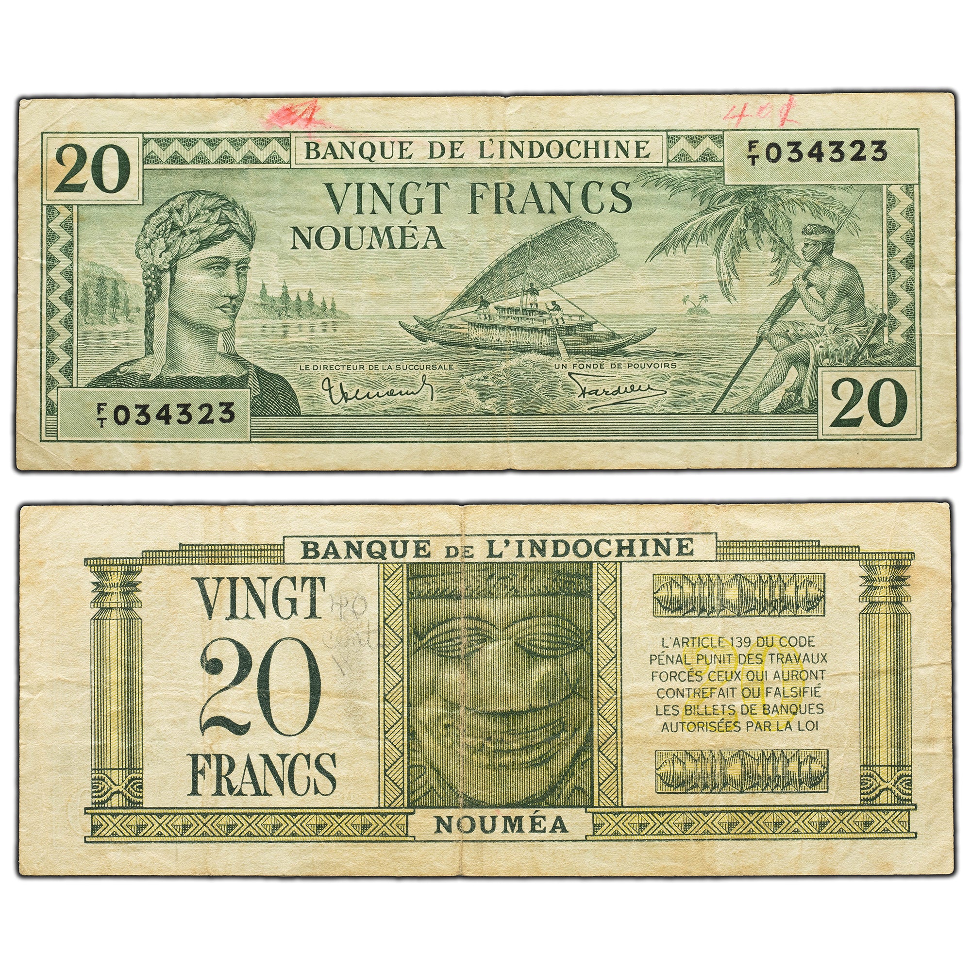 SOLD New Caledonia 1944 20 Twenty Francs Note - Writing - The Toronto ...