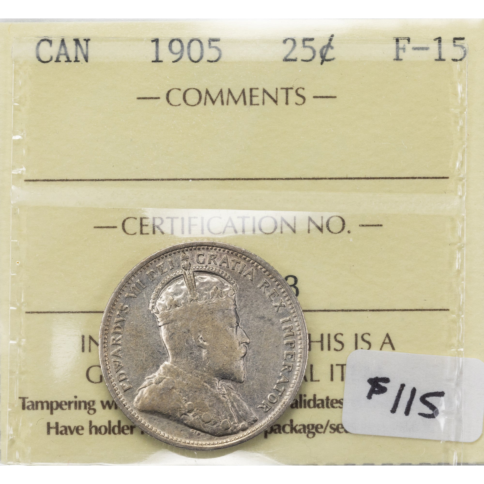 SOLD Canada 1905 25 Cents Quarter Silver Coin - ICCS F-15 - The Toronto ...