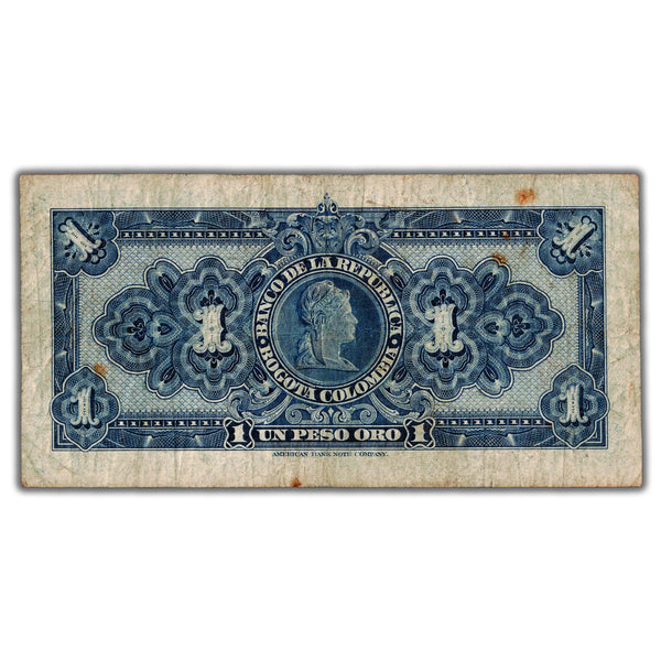 Colombia 1947 1 One Peso Note P #380e - Light Rust Spots - The Toronto ...