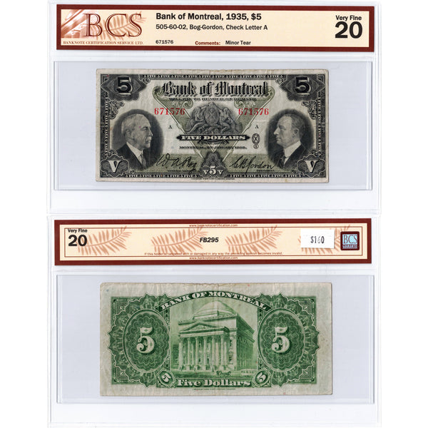 $5 1935 Bank of Montreal Canada Chartered Note #505-60-02 - BCS VF-20 ...
