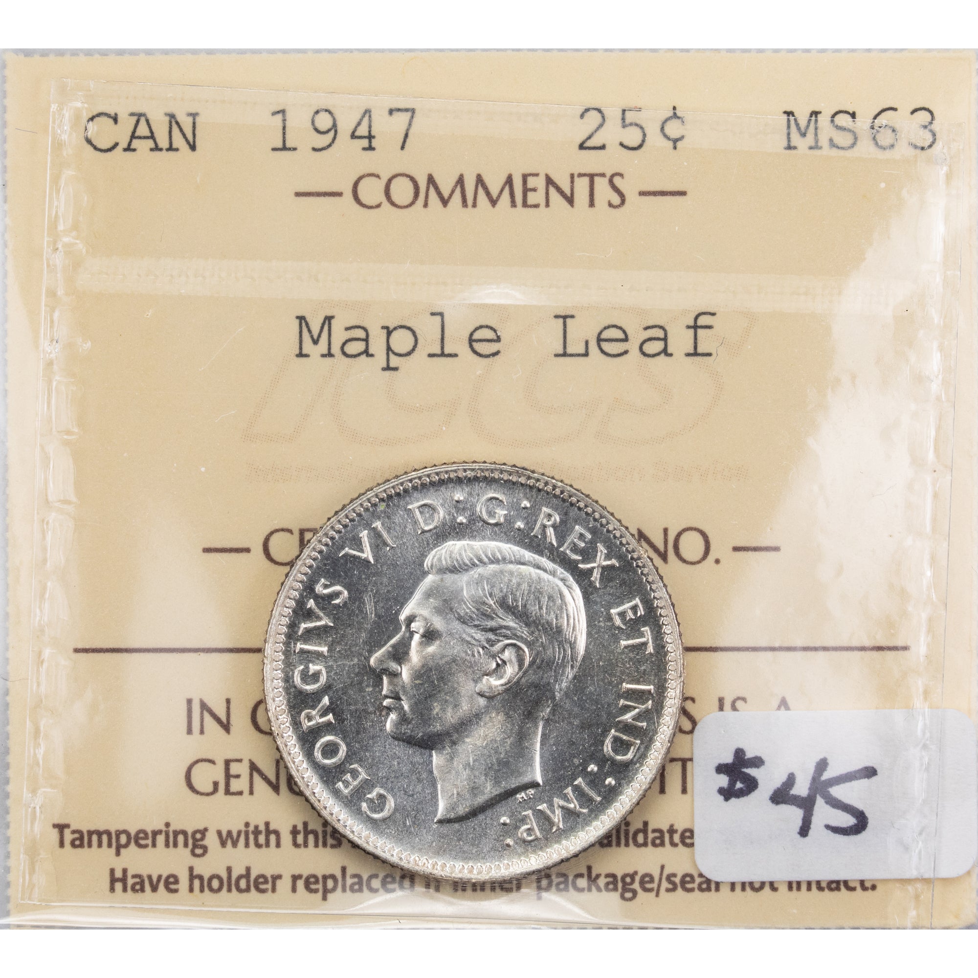 SOLD Canada 1947 ML Maple Leaf 25 Cents Quarter Silver Coin - ICCS MS- - The Toronto Coin Shop
