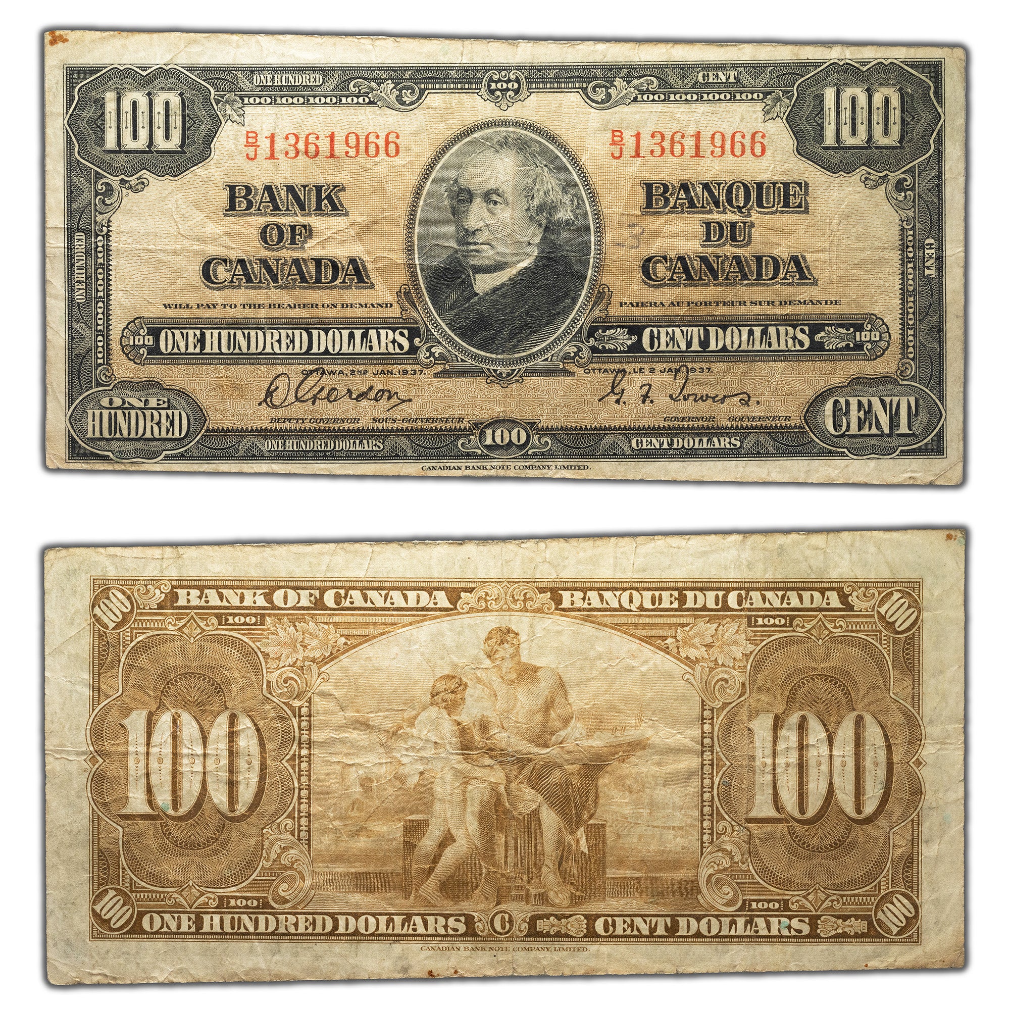 SOLD $100 1937 Bank of Canada Note Gordon-Towers B/J Prefix BC-27b - M ...