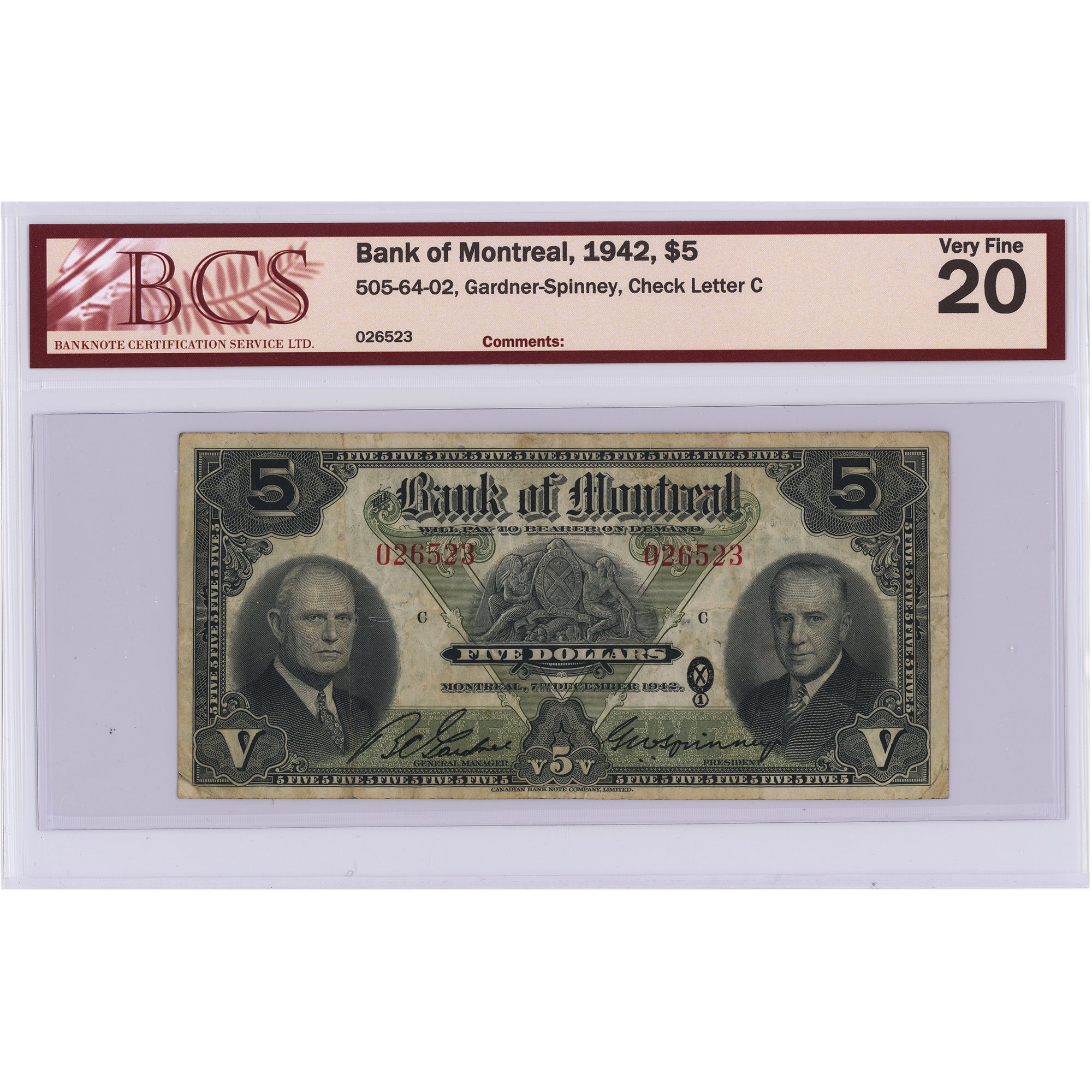 SOLD $5 1942 Bank of Montreal Canada Chartered Note #505-64-02 - BCS V ...