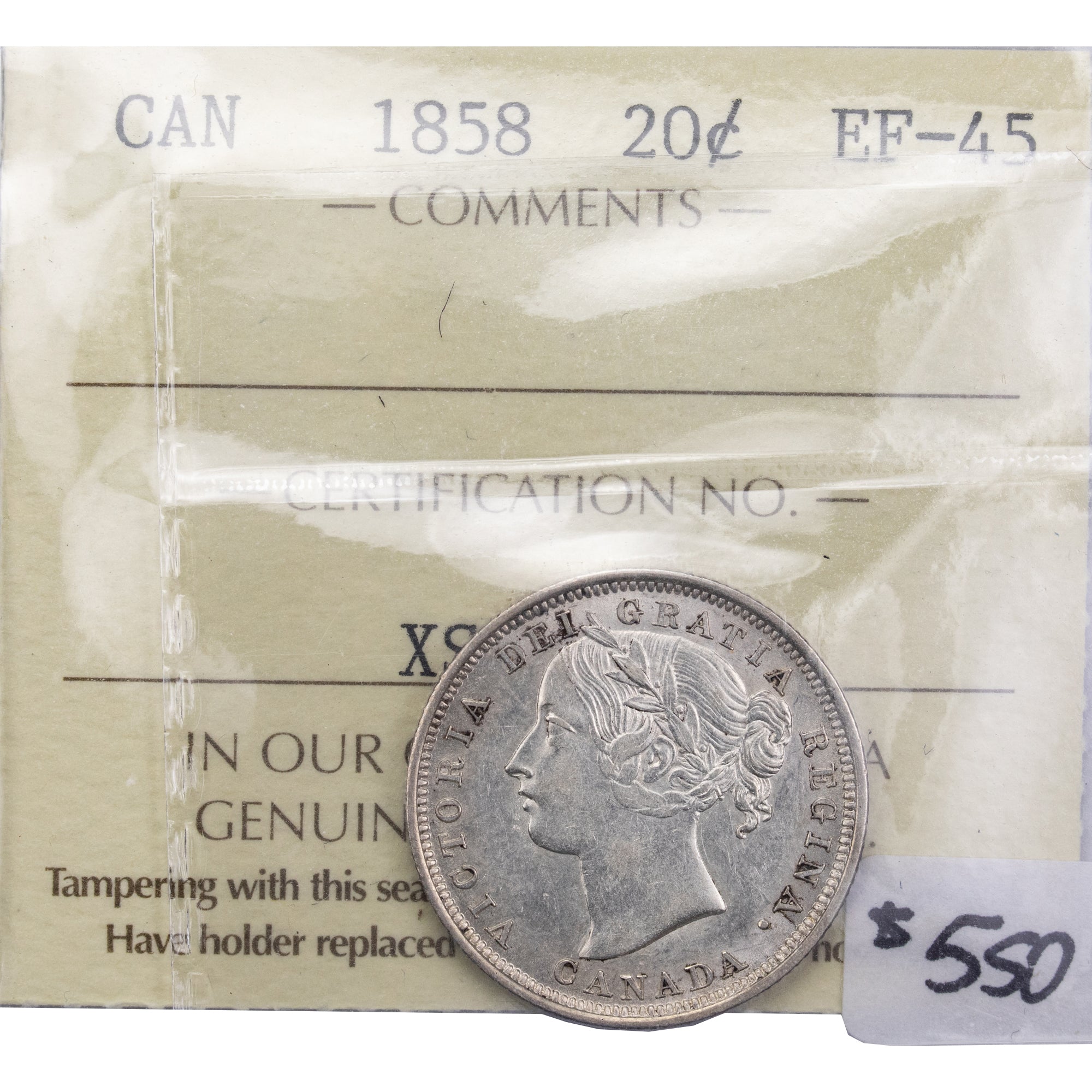 SOLD Canada 1858 20 Cents Silver Coin - ICCS EF-45 - The Toronto Coin Shop