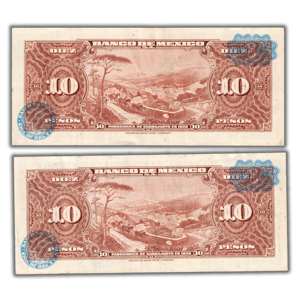 Mexico 1965 10 Pesos Note P #58k - Two Consecutive Notes - VF - The ...