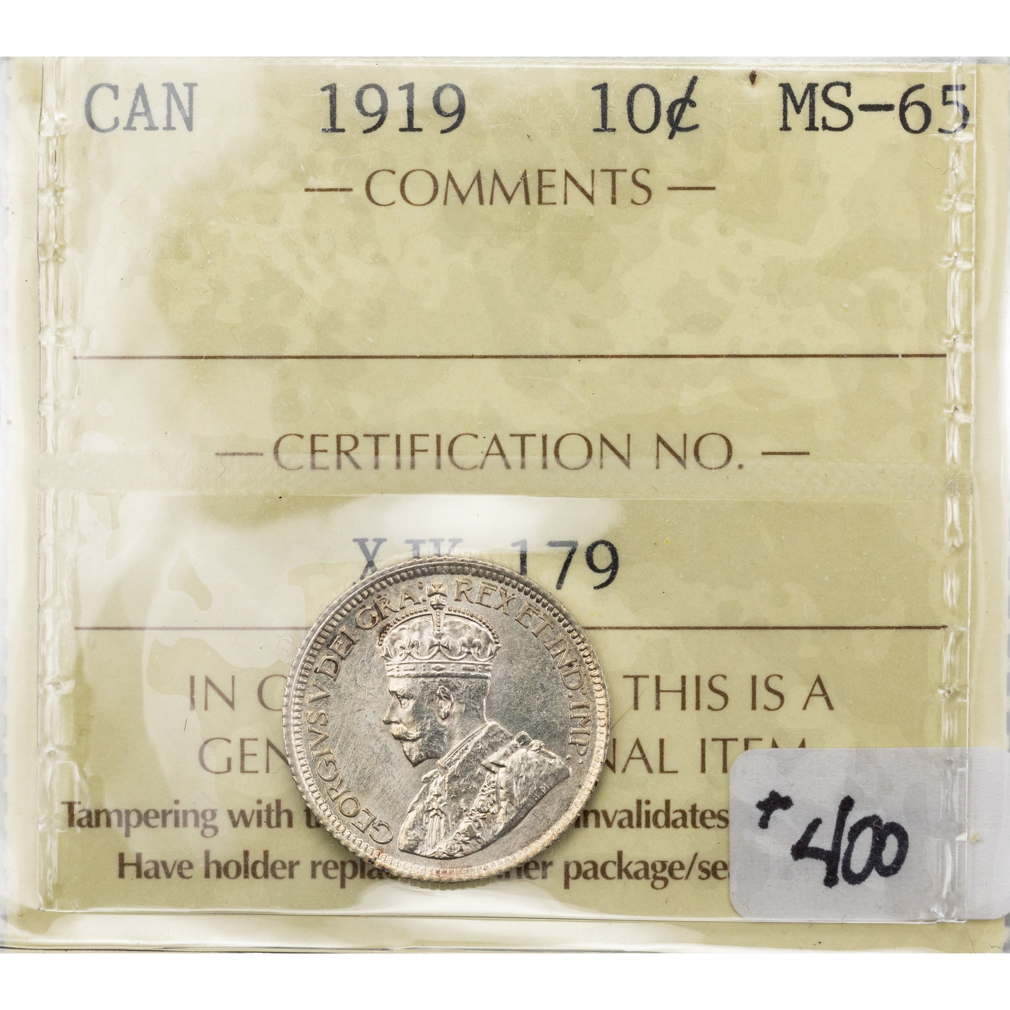 SOLD Canada 1919 10 Cents Dime Silver Coin - ICCS MS-65 - The Toronto Coin Shop