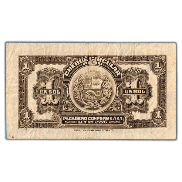 SOLD Peru Cheque Circular 1918 1 One Sol Note P #40a - F/VF - The ...