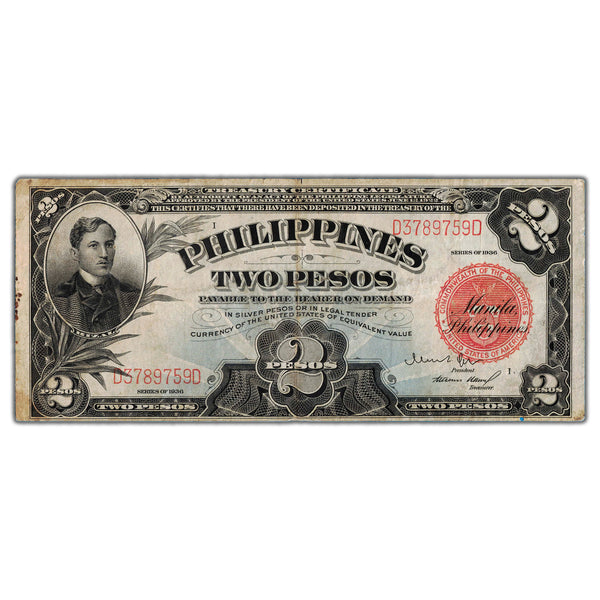 SOLD Philippines 1936 2 Two Pesos Note P #82 - Writing/Minor Piece Mis ...