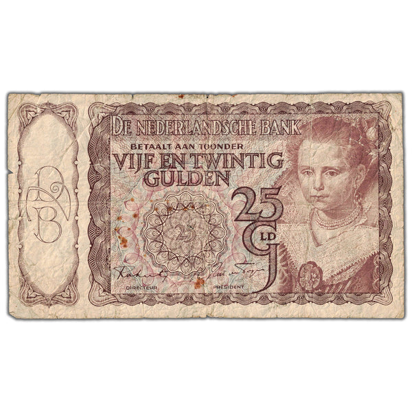 SOLD Netherlands 1943 25 Gulden Note P #60 - Circulated (pinholes ...