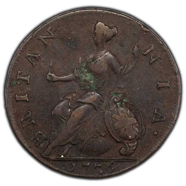 SOLD Great Britain 1736 1/2 Half Penny Coin KM #566 - Light Verdigris ...